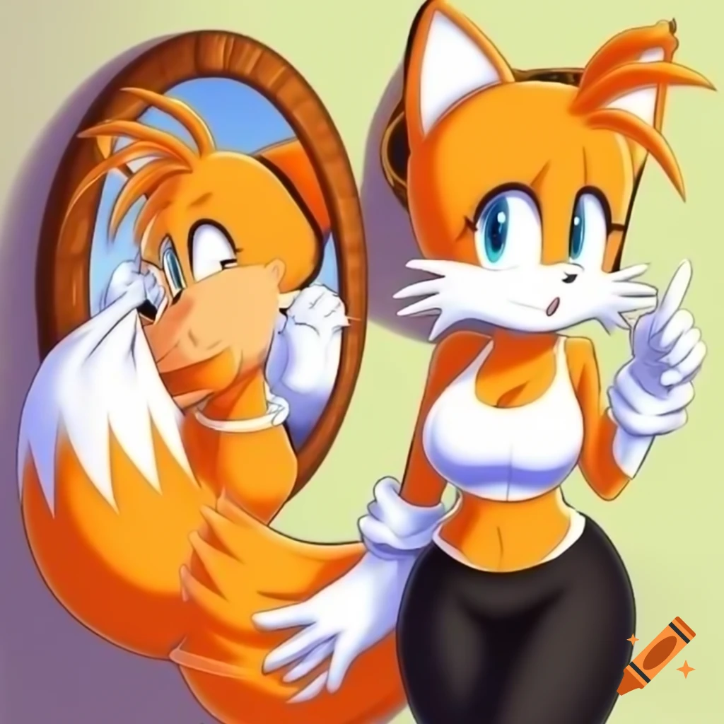 Female Tails the fox looking in mirror wearing stylish outfit on Craiyon