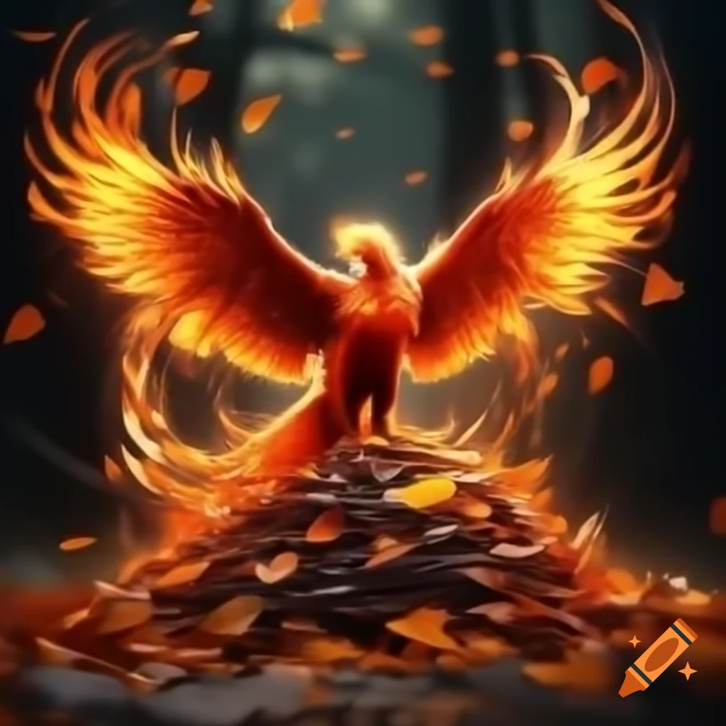 Phoenix rising from a pile of autumn leaves on Craiyon