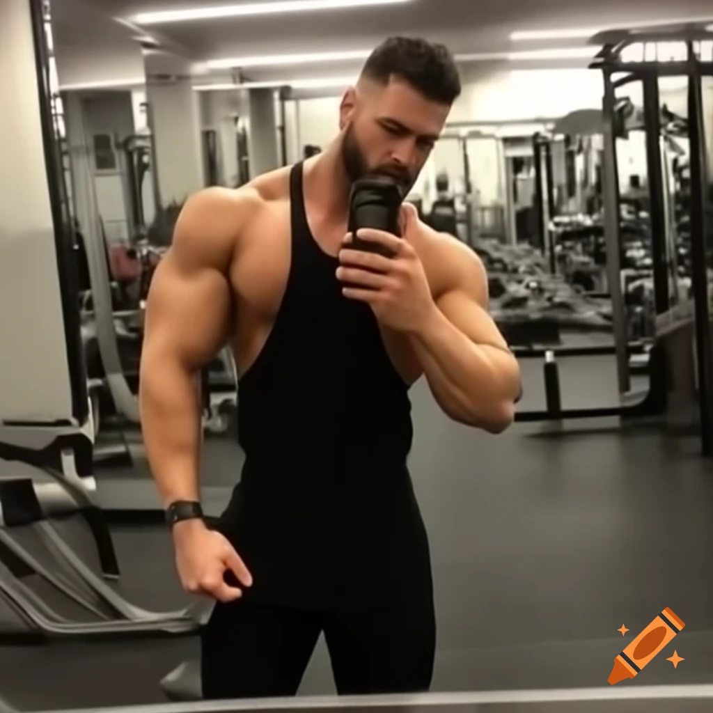 Muscular man taking selfie in gym mirror on Craiyon