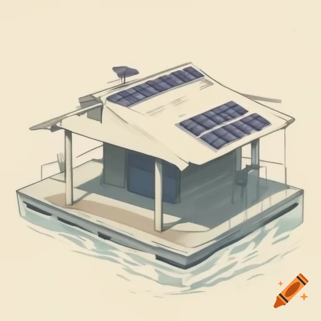 Sketch of emergency shelter with solar panels on a floating raft on Craiyon