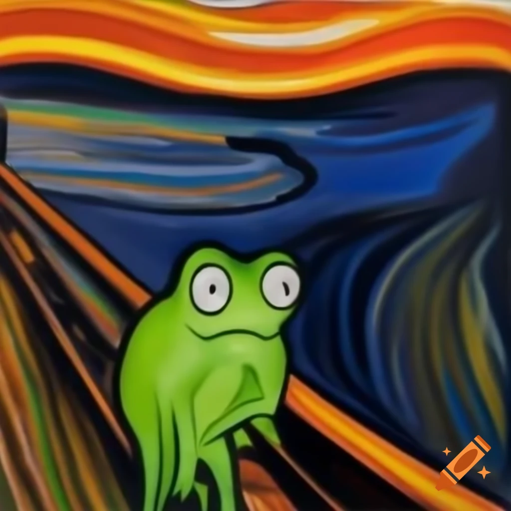 Frog with scared expression inspired by The Scream on Craiyon