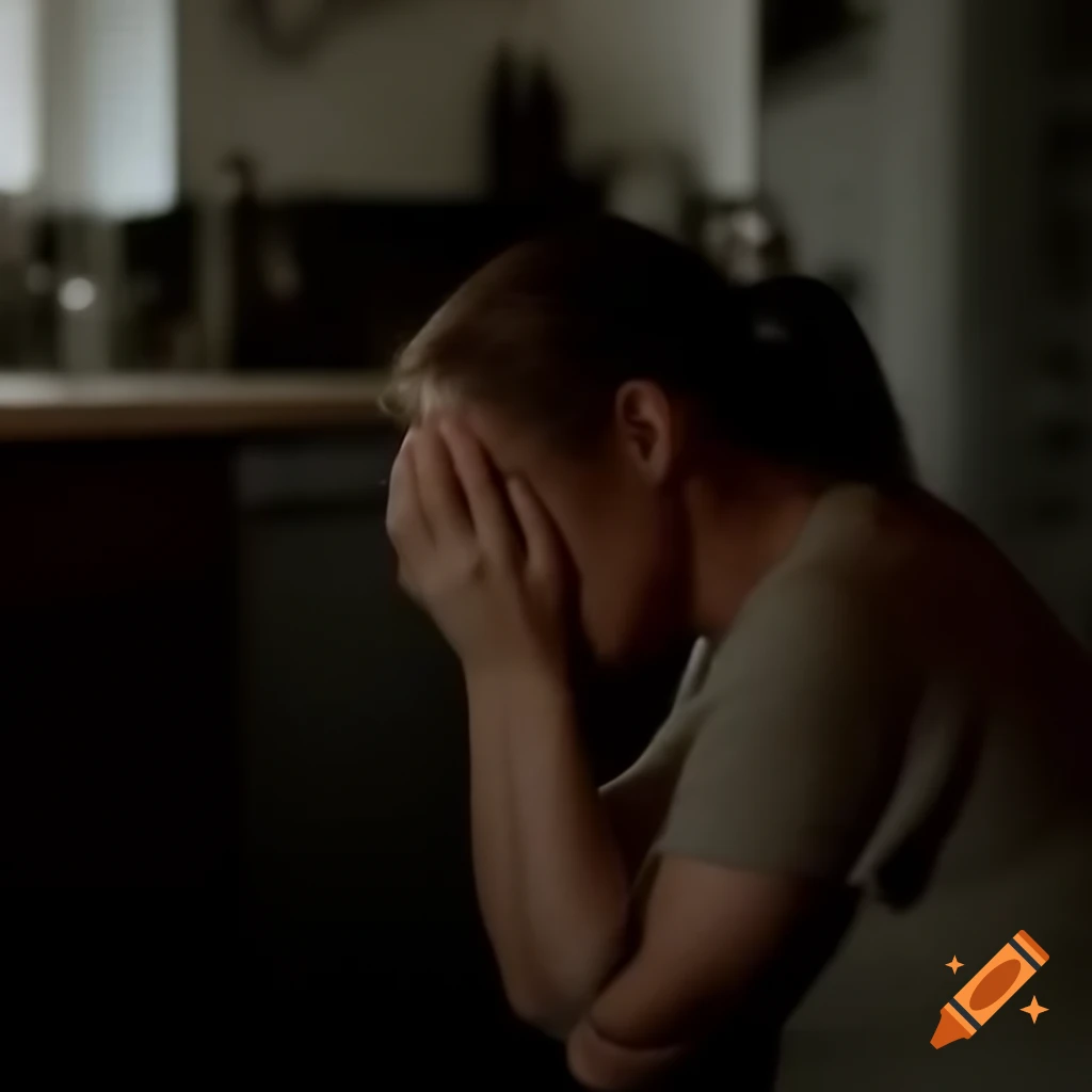 Close-up of a woman crying in a kitchen setting on Craiyon