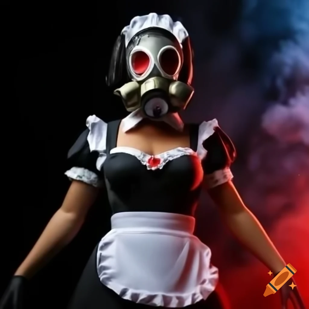Realistic comic book female villain maid with gas mask in smoke on Craiyon