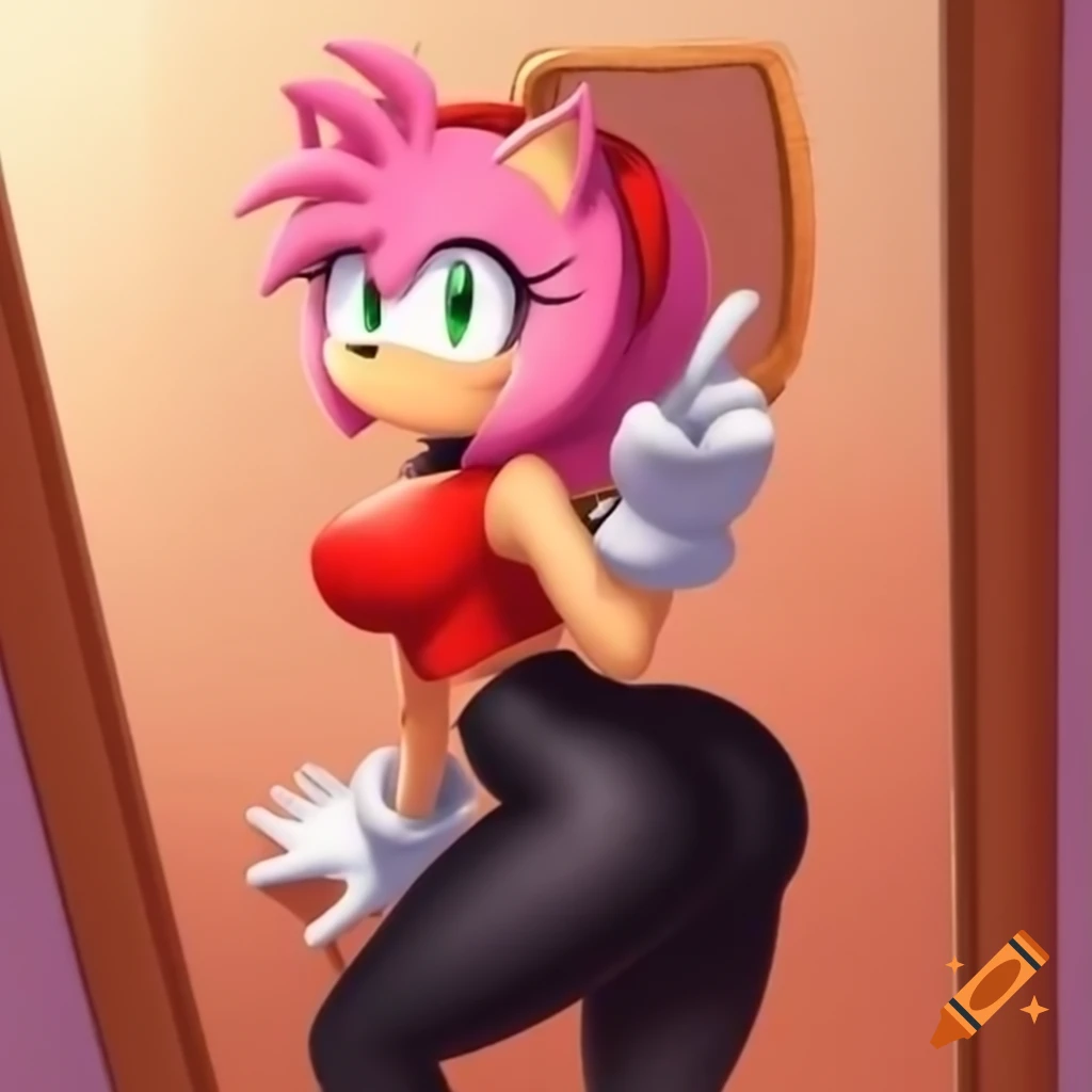 Amy Rose looking in mirror wearing red top and black leggings, Sonic the Hedgehog on Craiyon