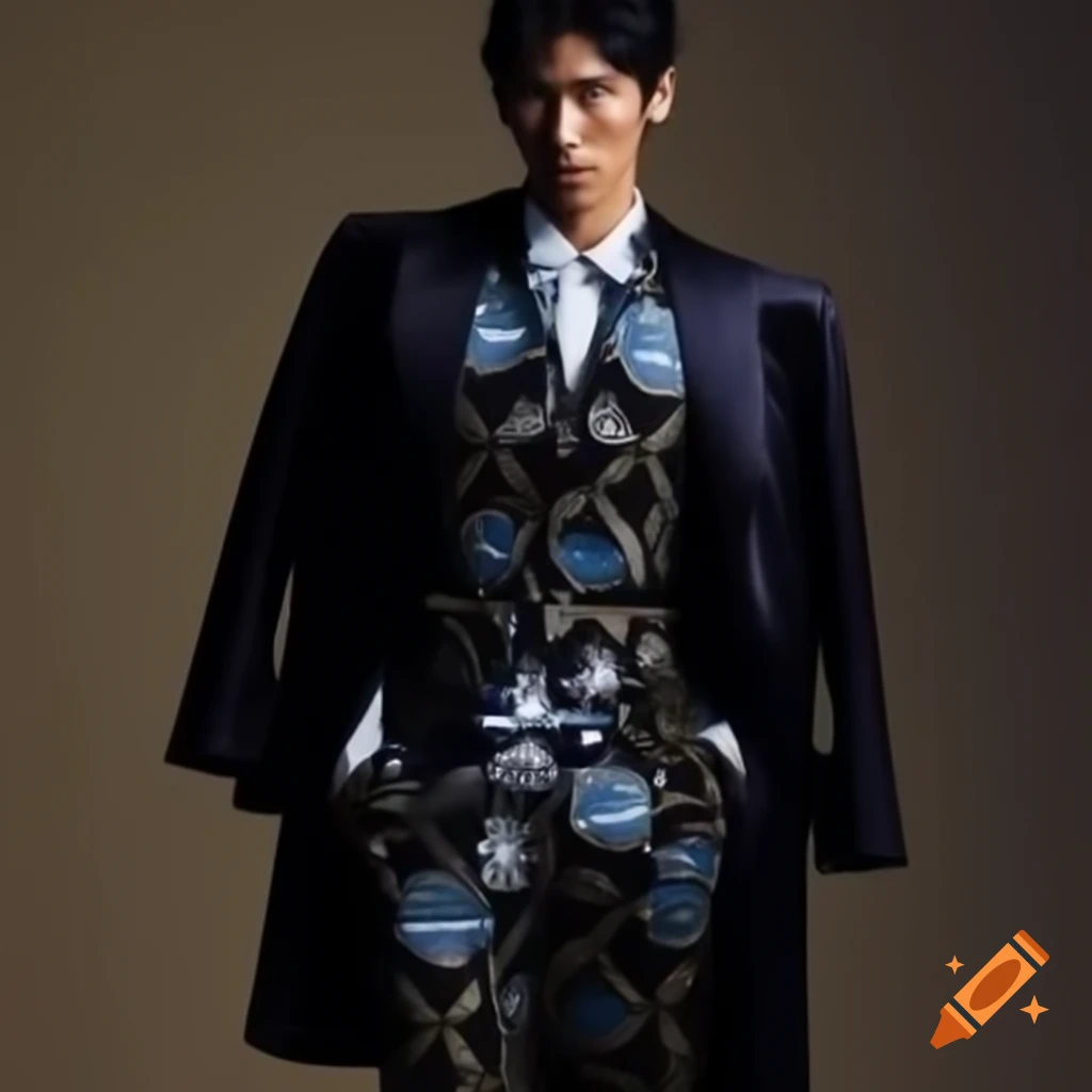 Model in luxurious tailored suits with modern japanese-inspired prints ...