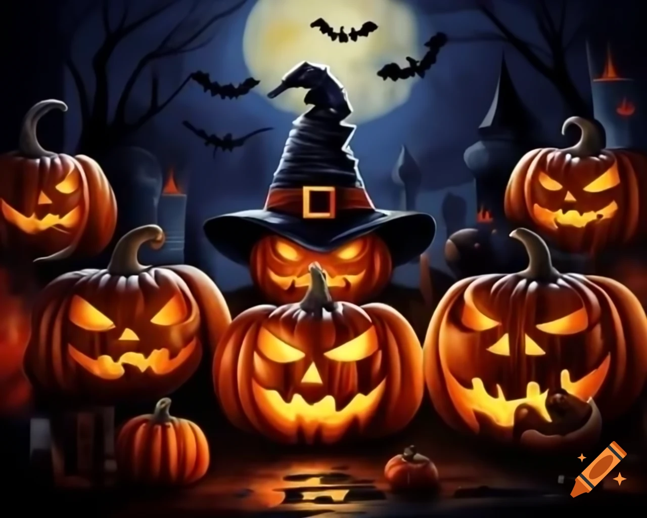 Spooky halloween scene with decorations and atmosphere on Craiyon