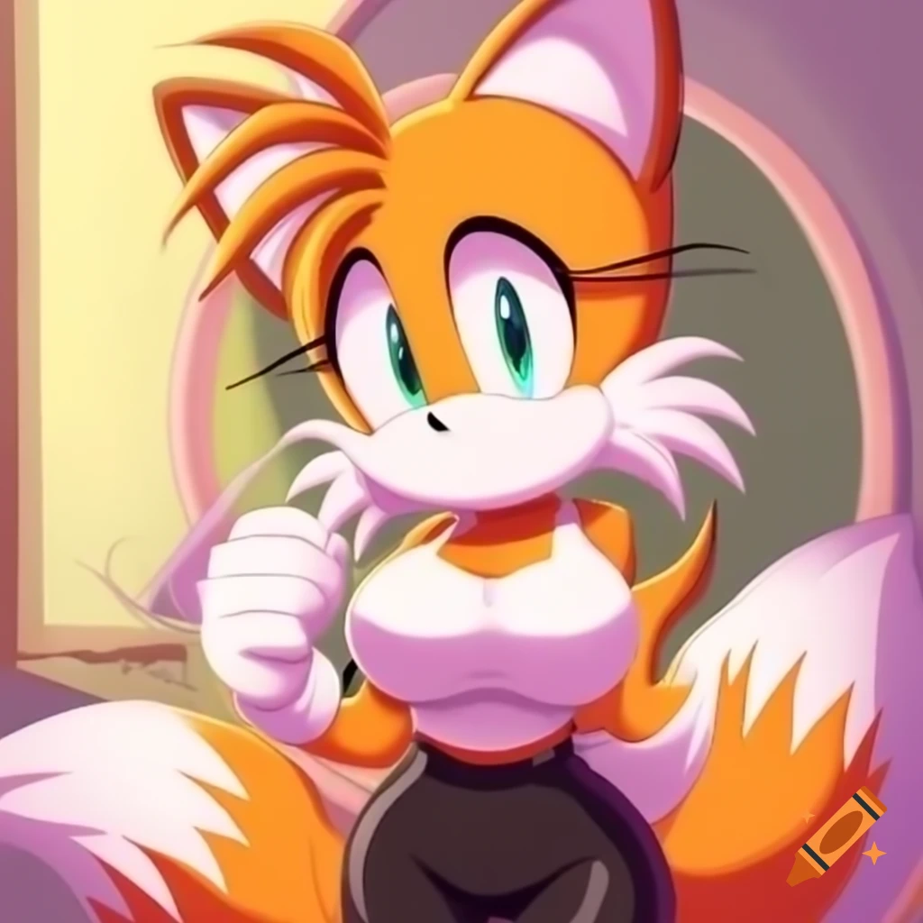 Female tails the fox looking in mirror wearing stylish outfit on Craiyon