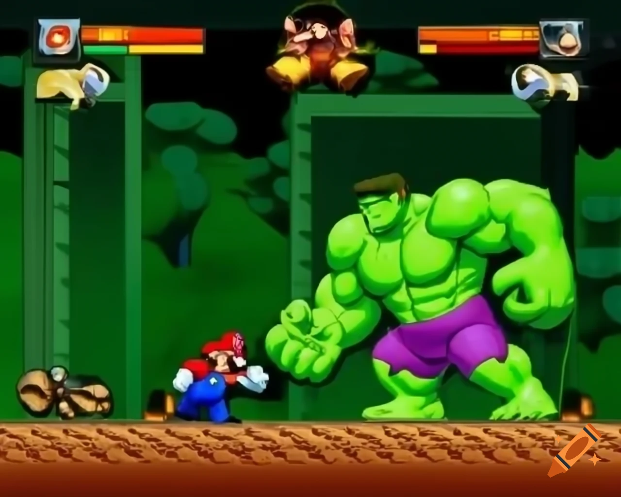 Mario Bros and Hulk in a street fighter battle scene on Craiyon
