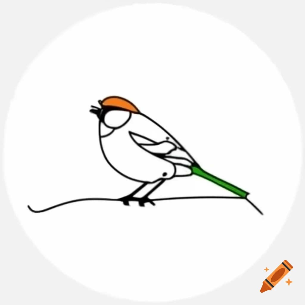 Minimalist black line drawing of a sparrow with orange and green on ...