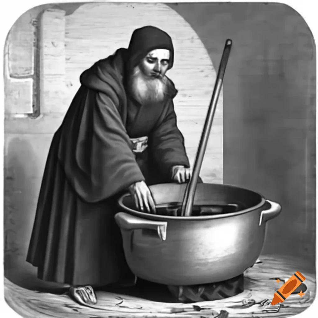Victorian engraving of bearded monk cooking jam in monastery on Craiyon