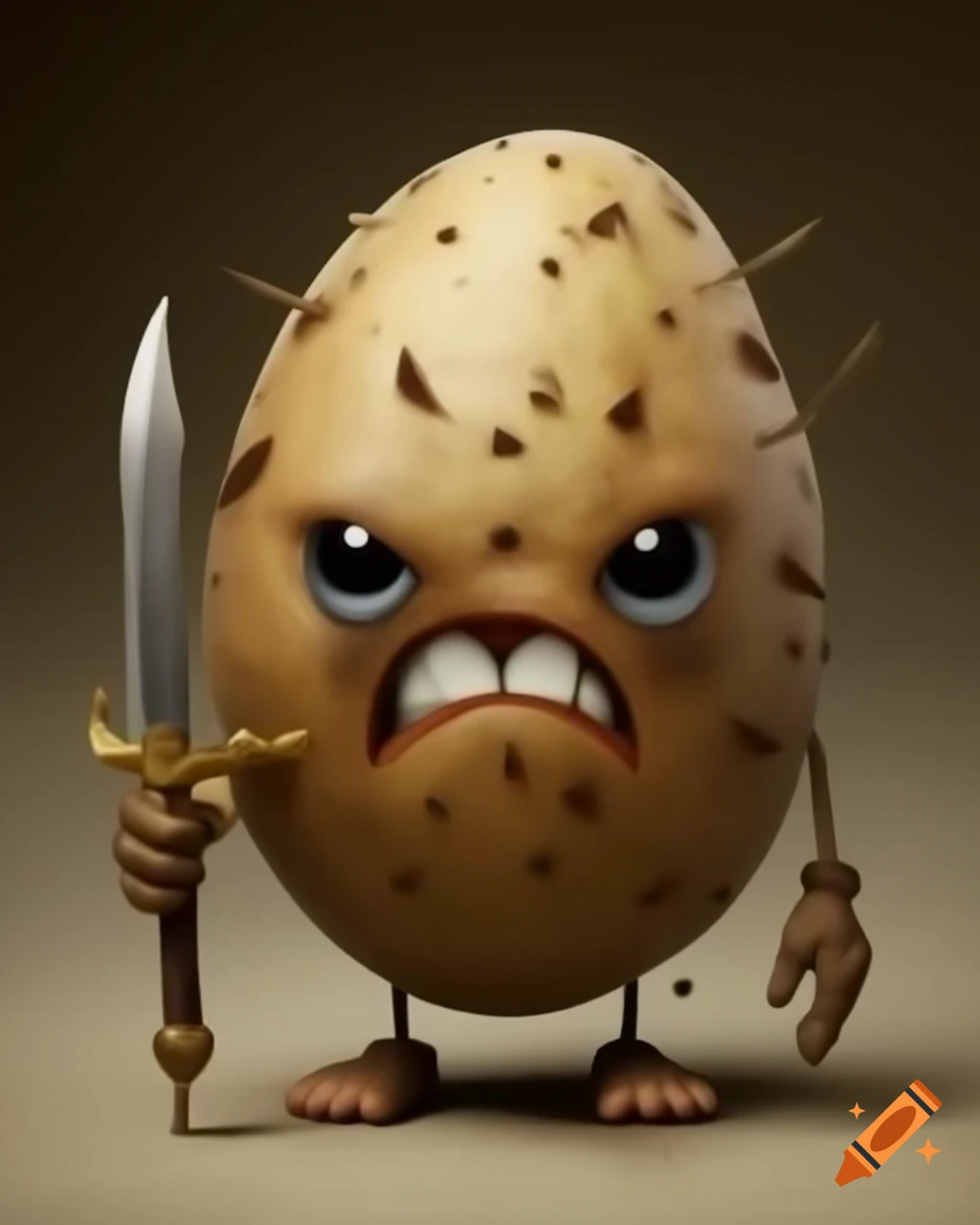 Hyper-realistic warrior potato with sword and angry expression on Craiyon