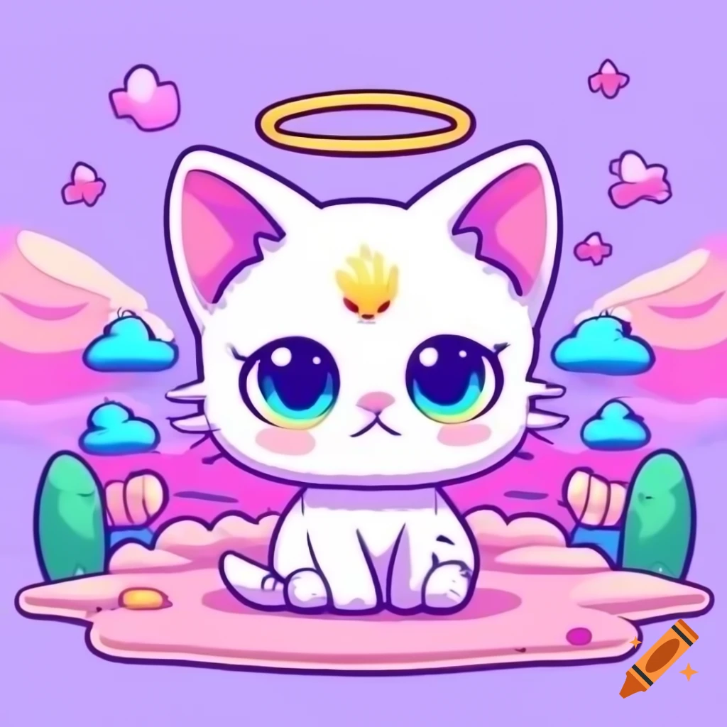 Cute angel kitten in pink and purple themed heaven, anime style on Craiyon