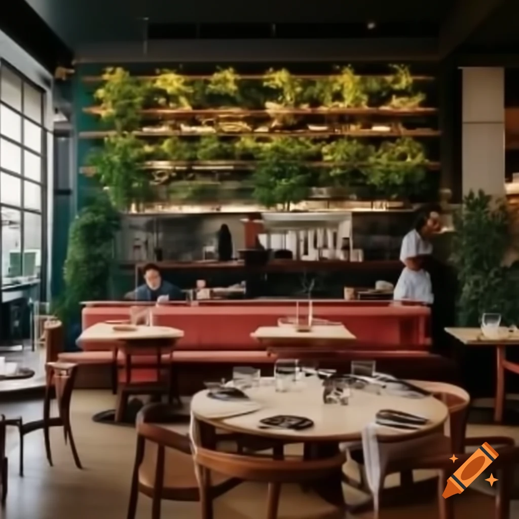 Restaurant featuring an indoor vertical farm on Craiyon