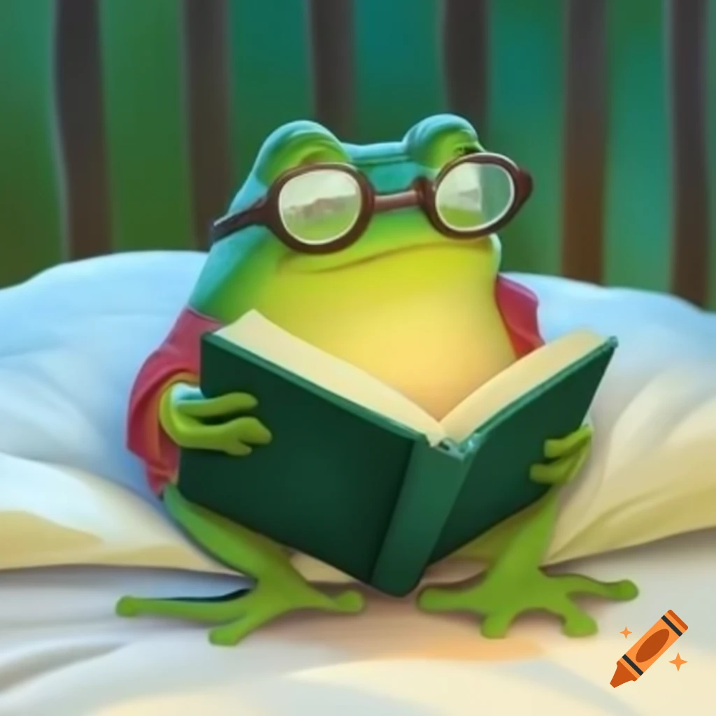 Frog reading a book in bed wearing glasses on Craiyon