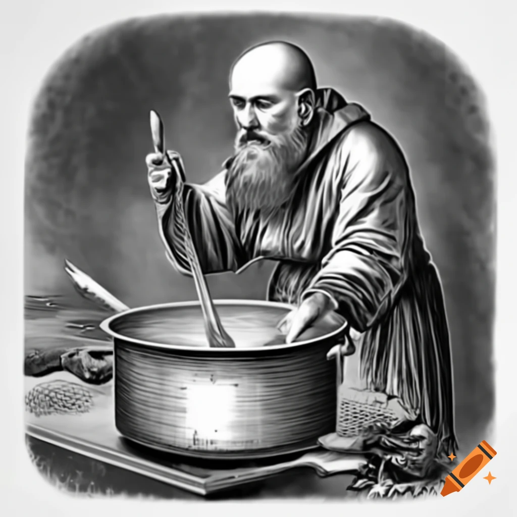 Victorian engraving of bearded monk cooking jam in monastery on Craiyon