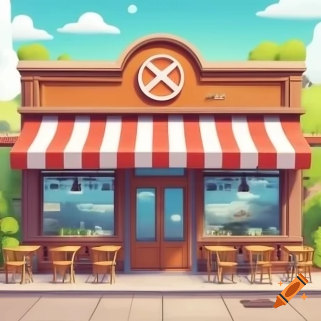 Front view of a cartoon-style cafe on Craiyon