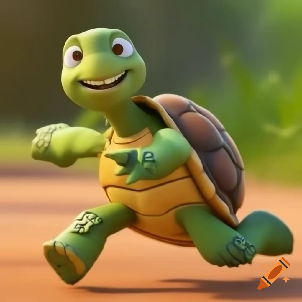 Smiling turtle waving while walking in pixar style on Craiyon