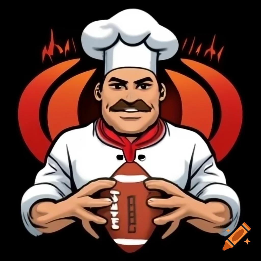 Chef in football player outfit holding football in hell's kitchen ...