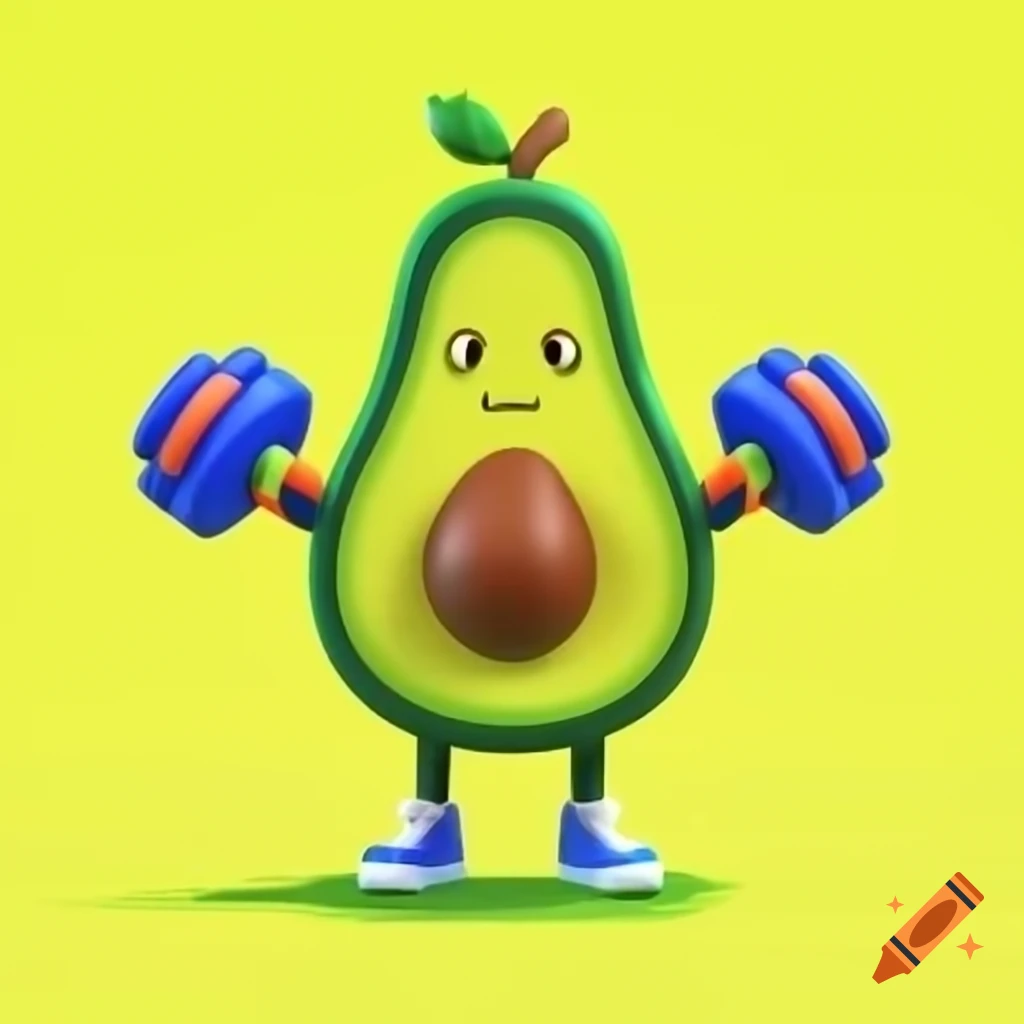 Cartoon avocado character working out with dumbbells and headband on ...