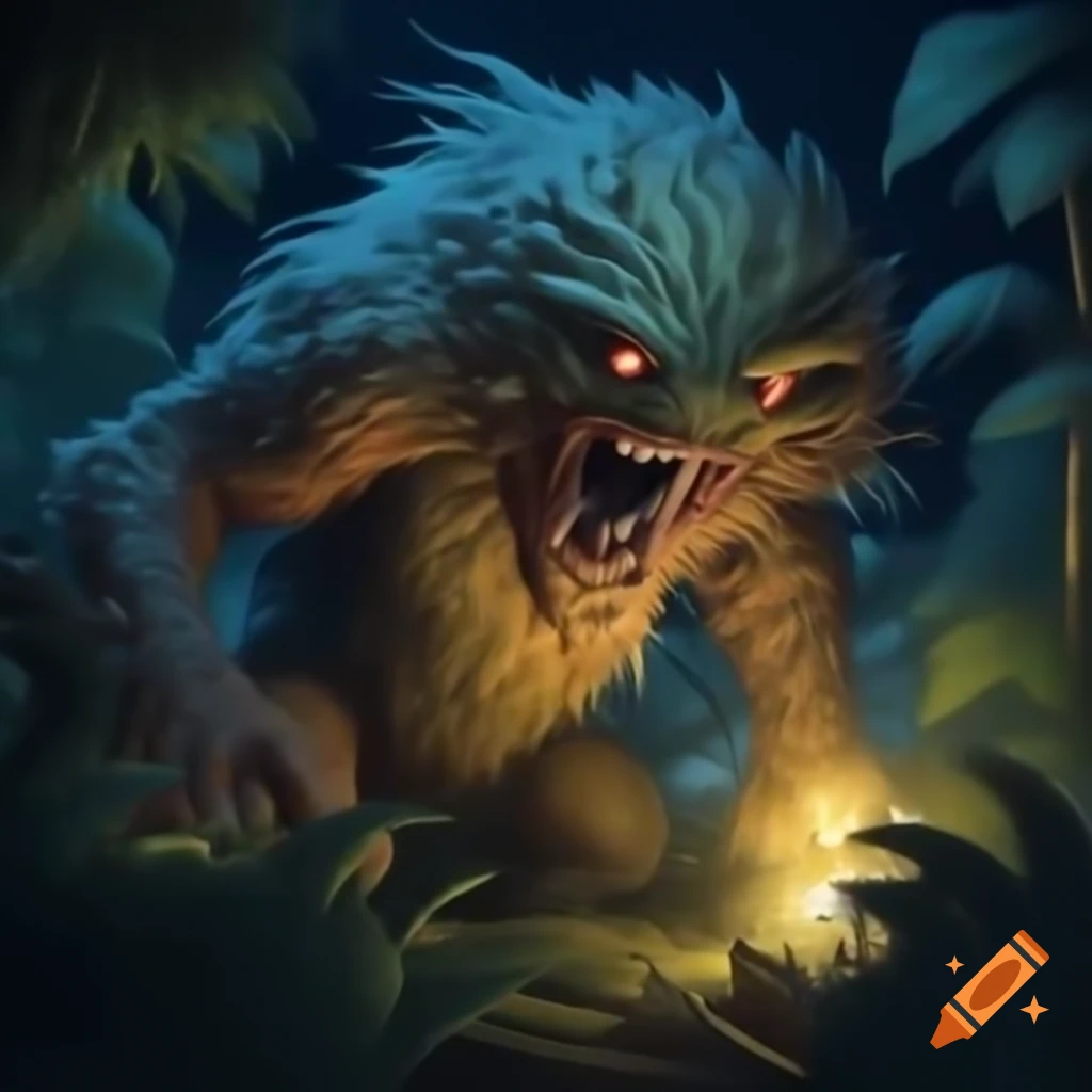 Monster stalking prey at night in jungle, metaphor for navigating ...