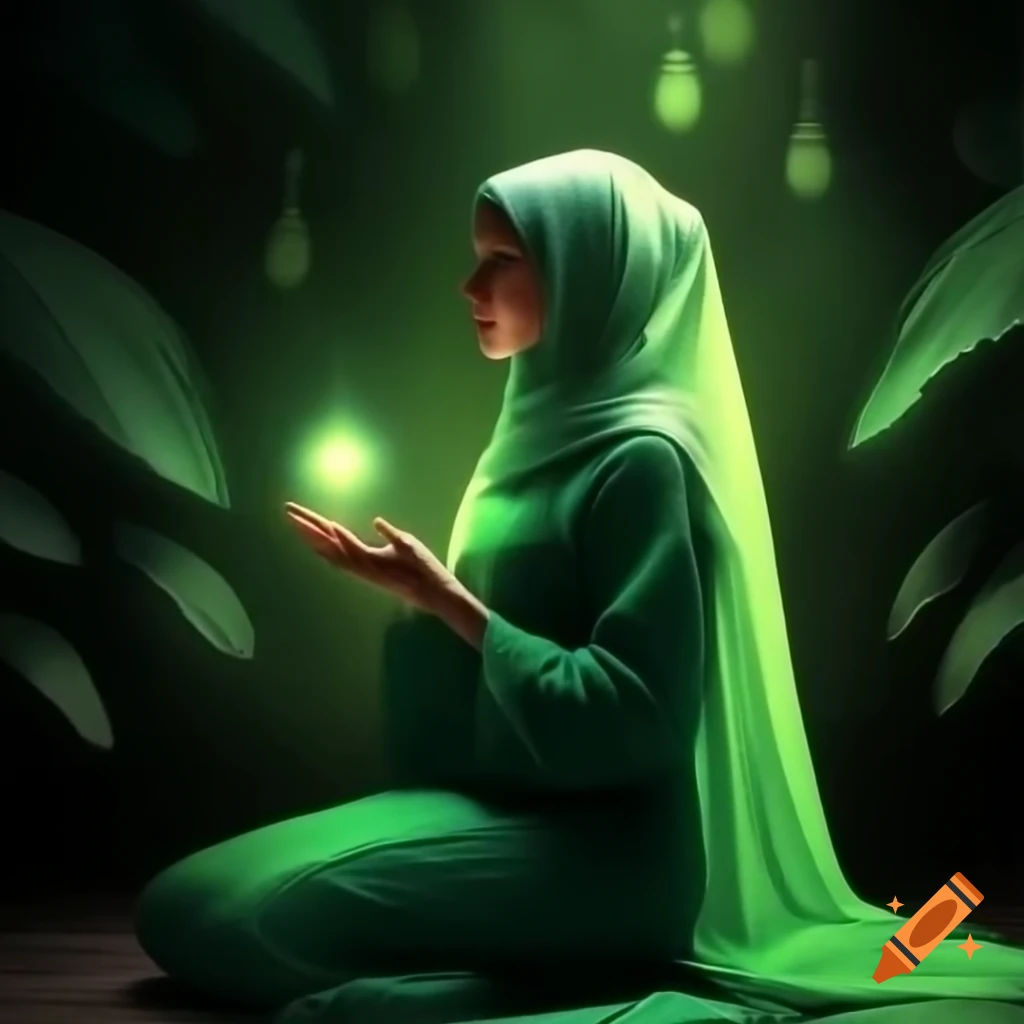 Imam in long green dress with luminous face in a serene paradise ...