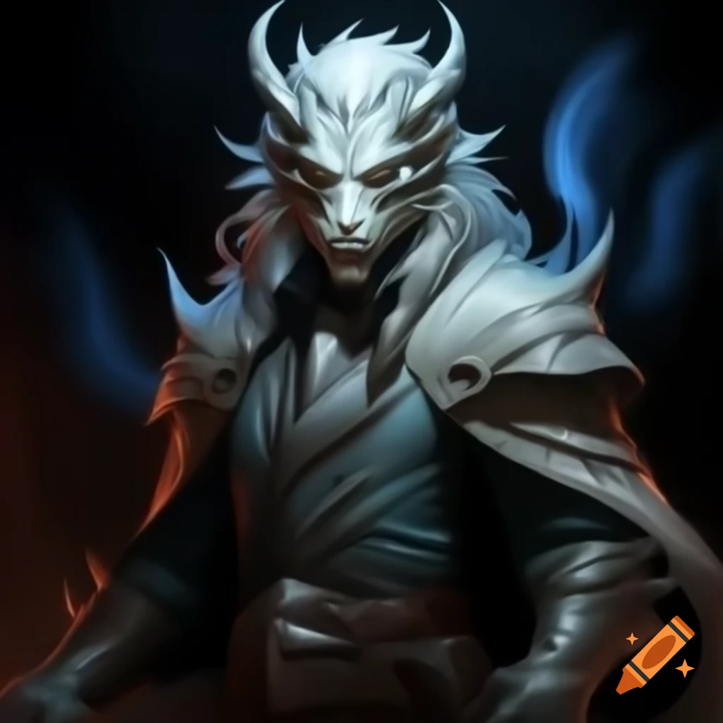 White Dragonborn Warlock in mystical robes with shadow of death on Craiyon