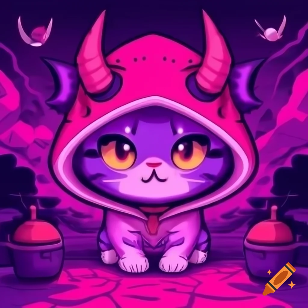 Cute anime-style devil horned kitten in pink and purple hell scenery on ...