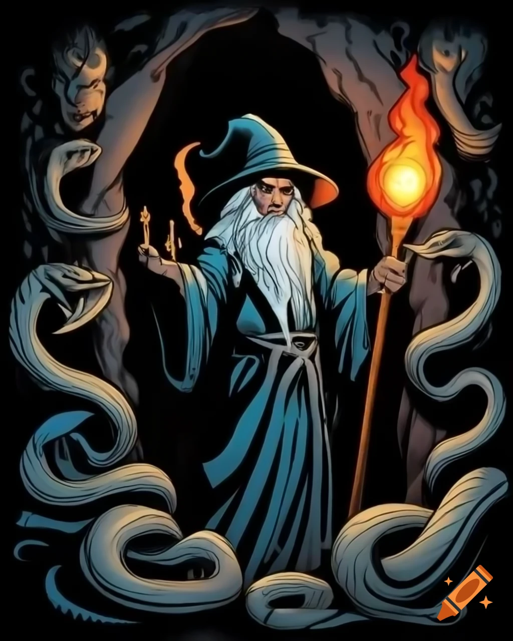Dark fantasy art of wizard holding torch entering cave with monstrous ...