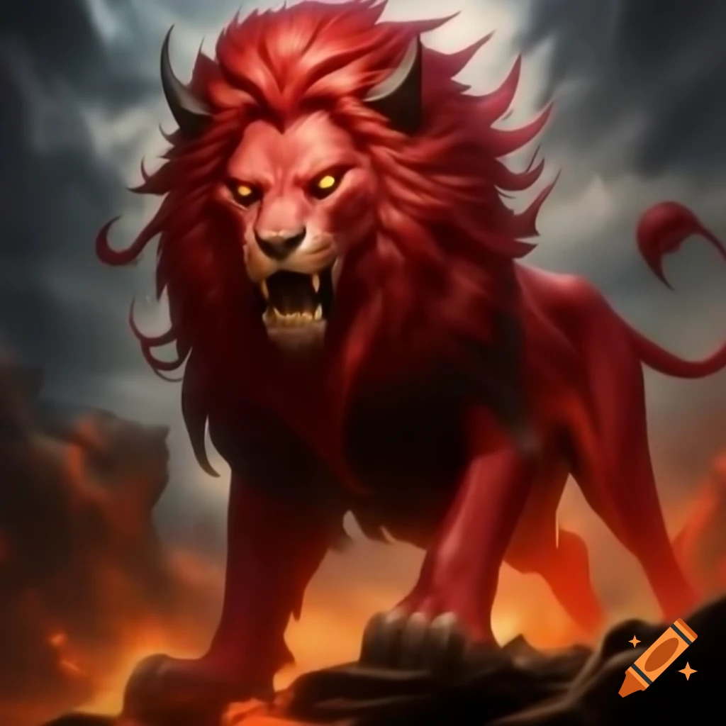 Fiery red horned lion with yellow eyes in fantasy setting on Craiyon