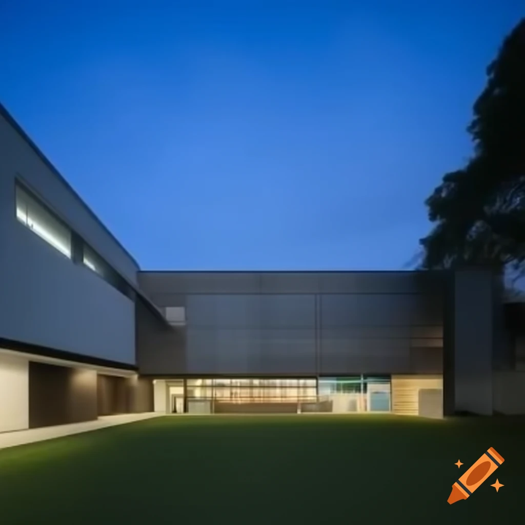 Modern school backyard at dusk, capturing liminal space and dream core aesthetics on Craiyon