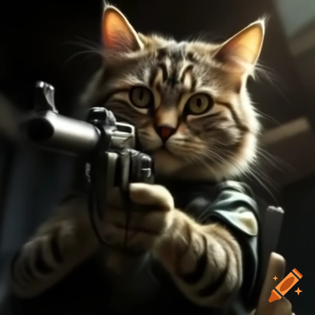 Cat holding a gun in a playful pose on Craiyon