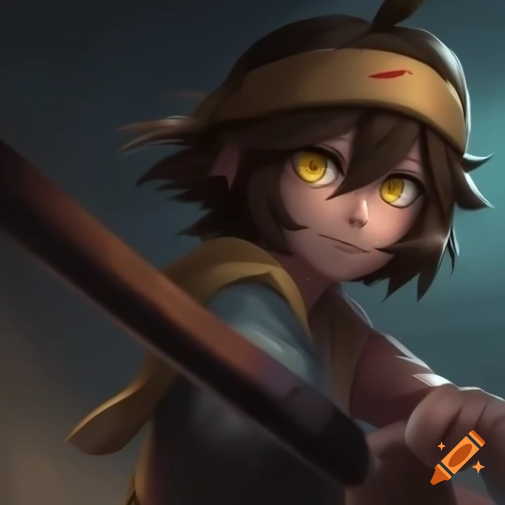 Worn out anime character with ripped clothes and glowing gang symbol ...