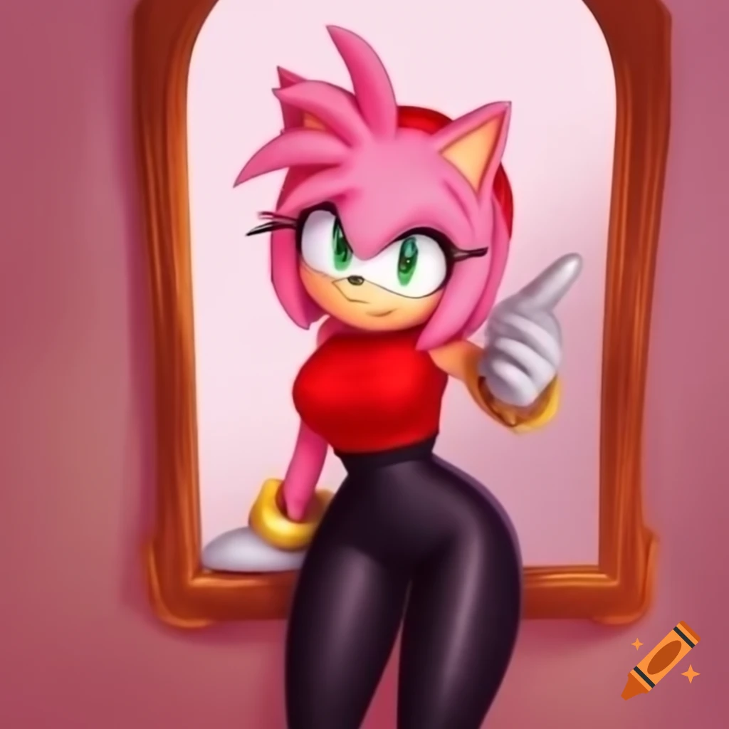 Amy Rose from Sonic the Hedgehog admiring herself in the mirror wearing ...