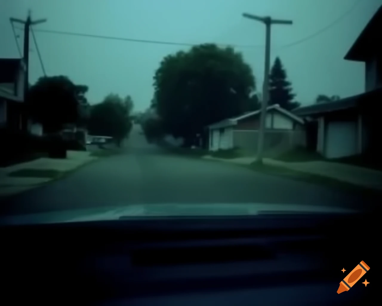 VHS footage capturing a neighborhood and car in liminal space on Craiyon