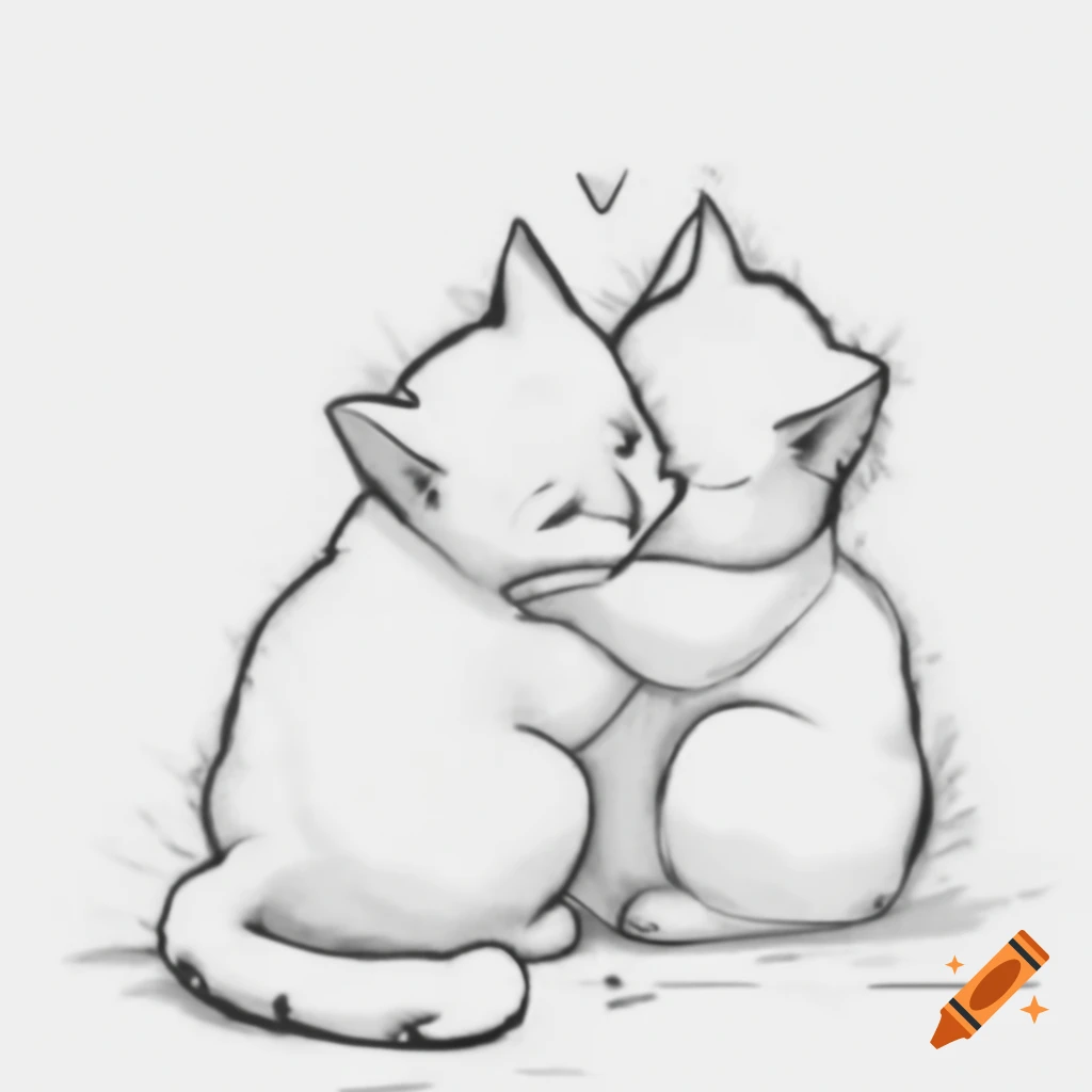 Line drawing of two hugging cats in MidJourney style on Craiyon
