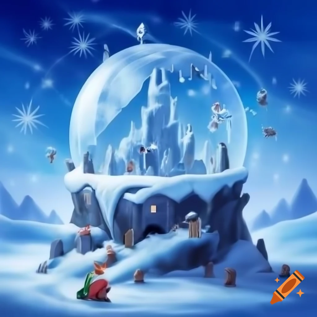 Ice globe castle in snow-filled world with Christmas decorations on Craiyon