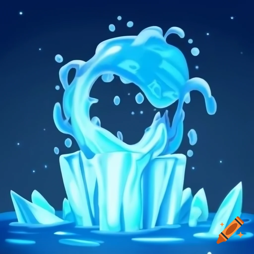 Drawing of magical water transforming into ice in the air on Craiyon