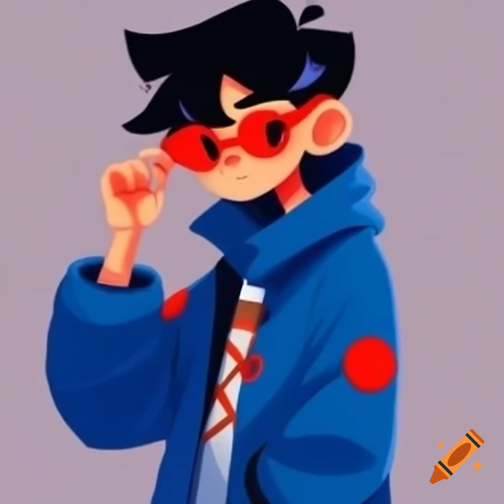 Evil male character in blue coat and red sunglasses in anime style on ...