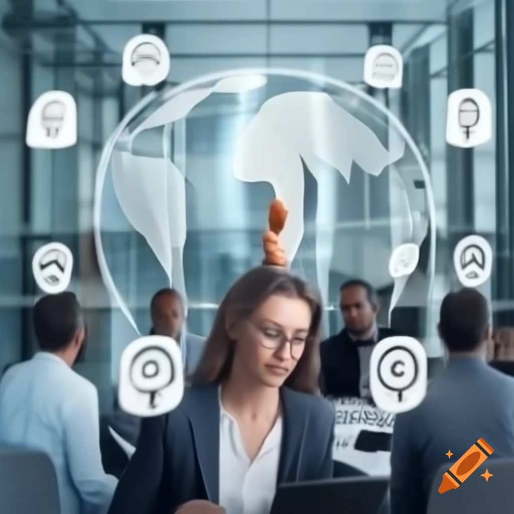 Futuristic workplace with augmented humans collaborating and sharing knowledge on Craiyon