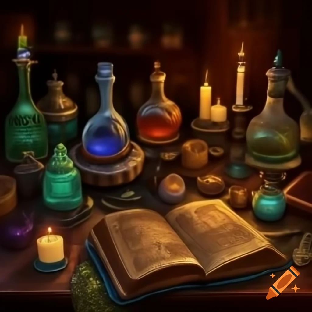 Table displaying potion bottles, candles, and spell book on Craiyon