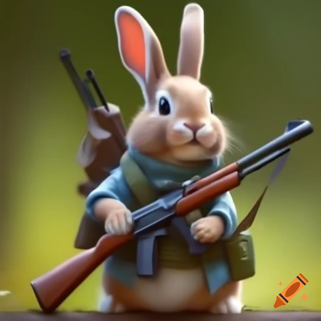 Rabbit holding a rifle, whimsical or cartoon style on Craiyon