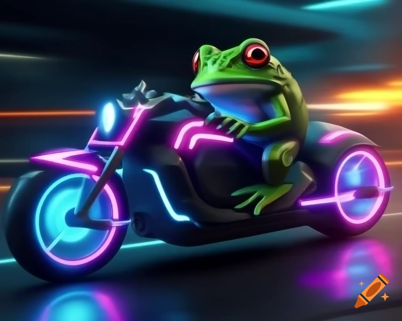 Anthropomorphic frog in cyberpunk suit riding glowing tron motorbike at ...