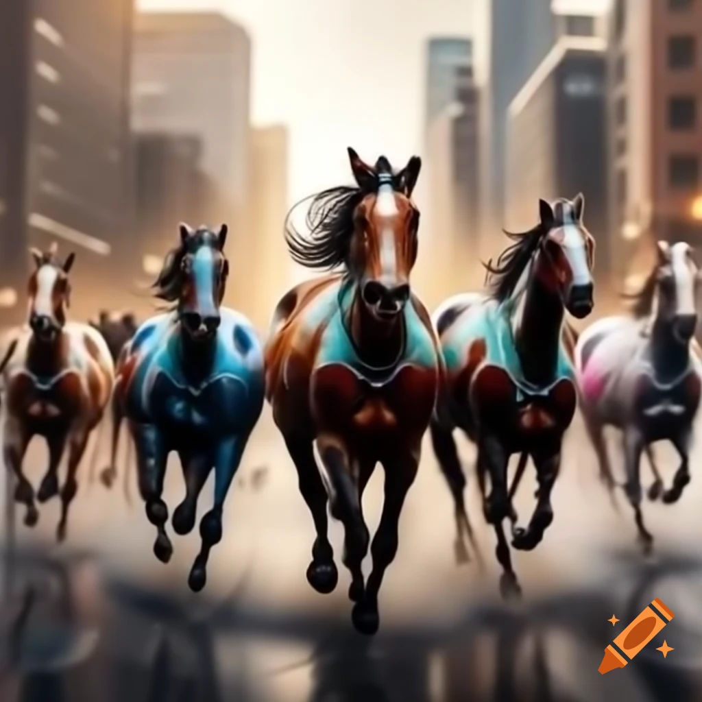 Painted horses running through detailed sci-fi city on Craiyon