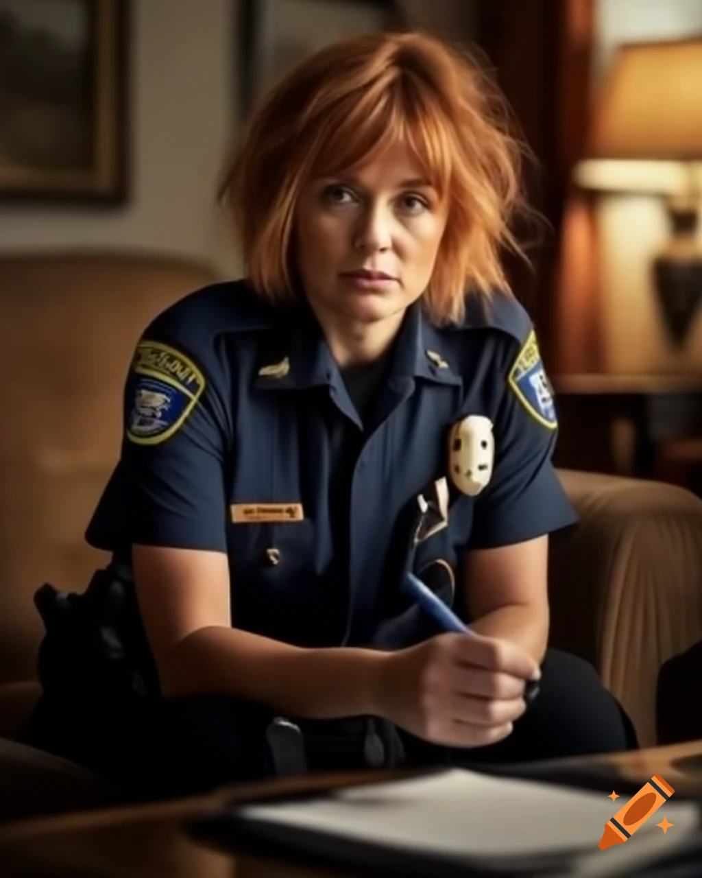 French police officer taking notes at crime scene in dusty living room ...