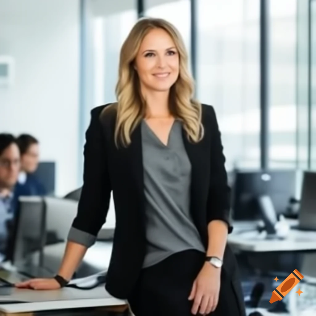 Professional woman in business formal attire working in bright modern ...