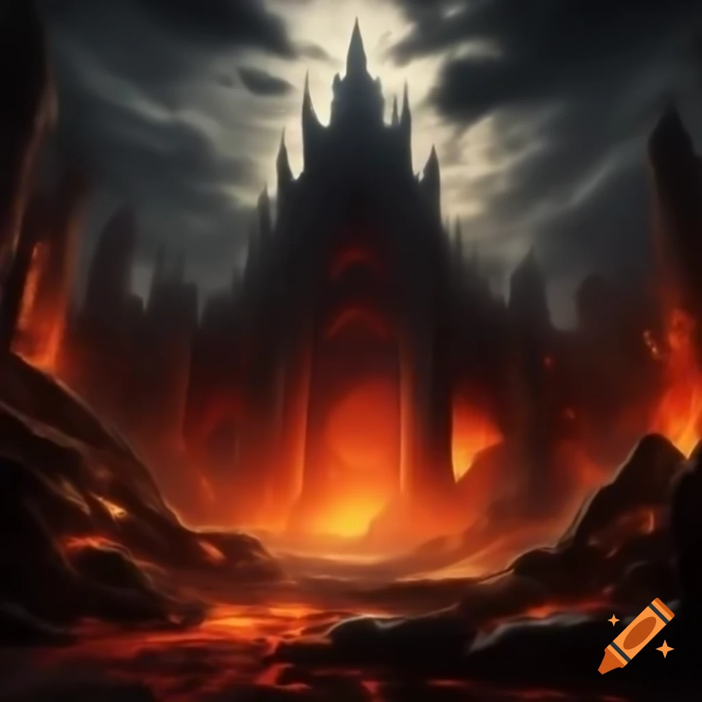Anime depiction of burning ruins in a hellish landscape on Craiyon