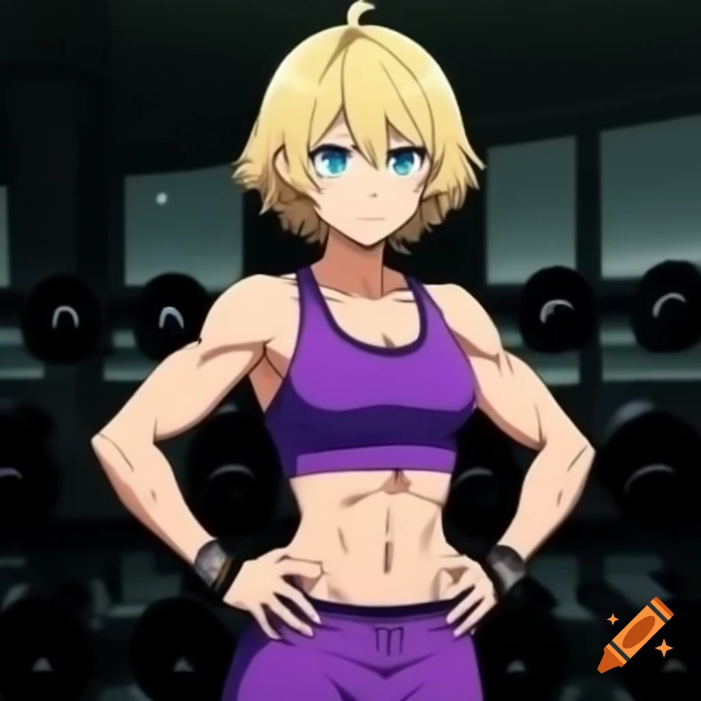 Anime strong woman in fight pose, short blonde hair, blue eyes, purple ...