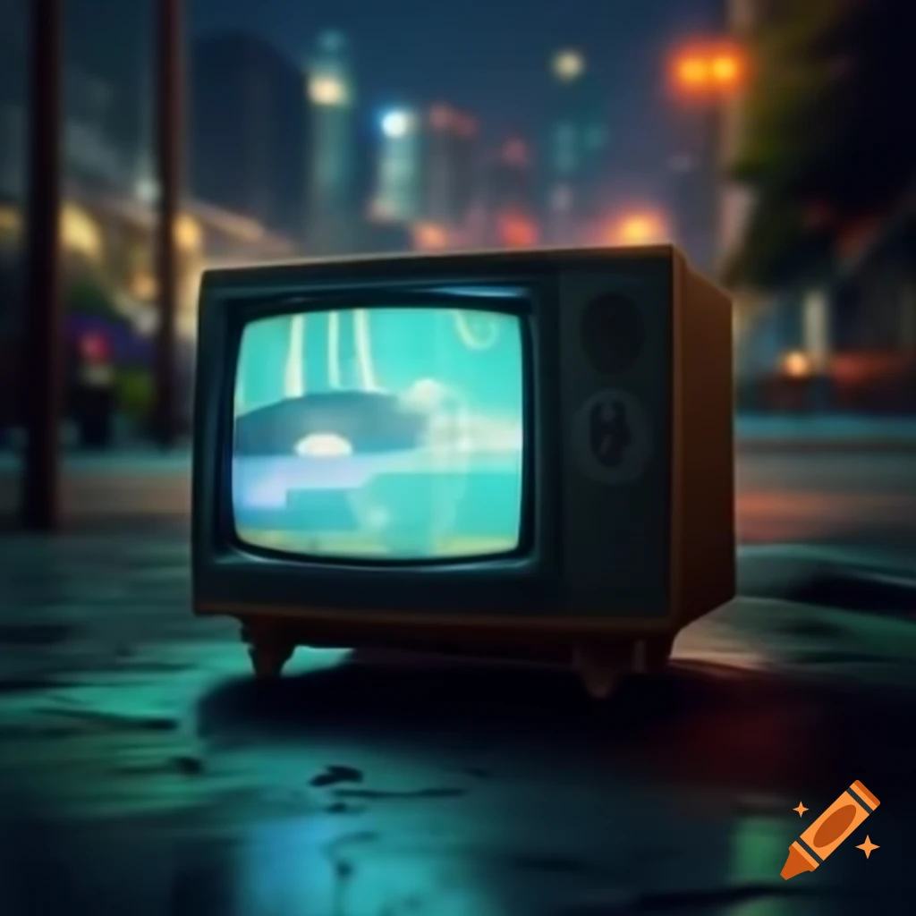 CRT TV set in an urban fantasy environment on Craiyon