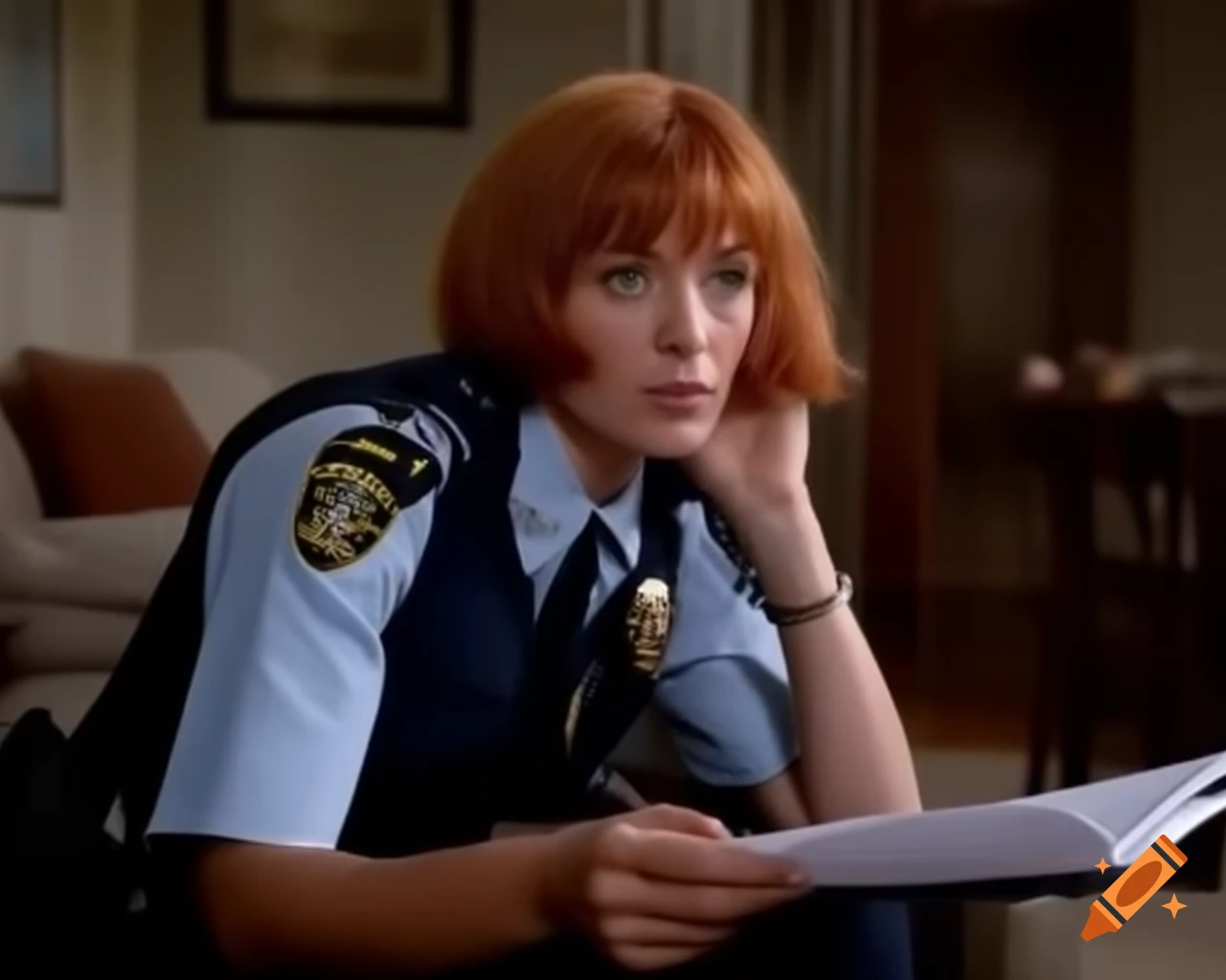 Bored French police officer taking notes at crime scene in dusty living ...