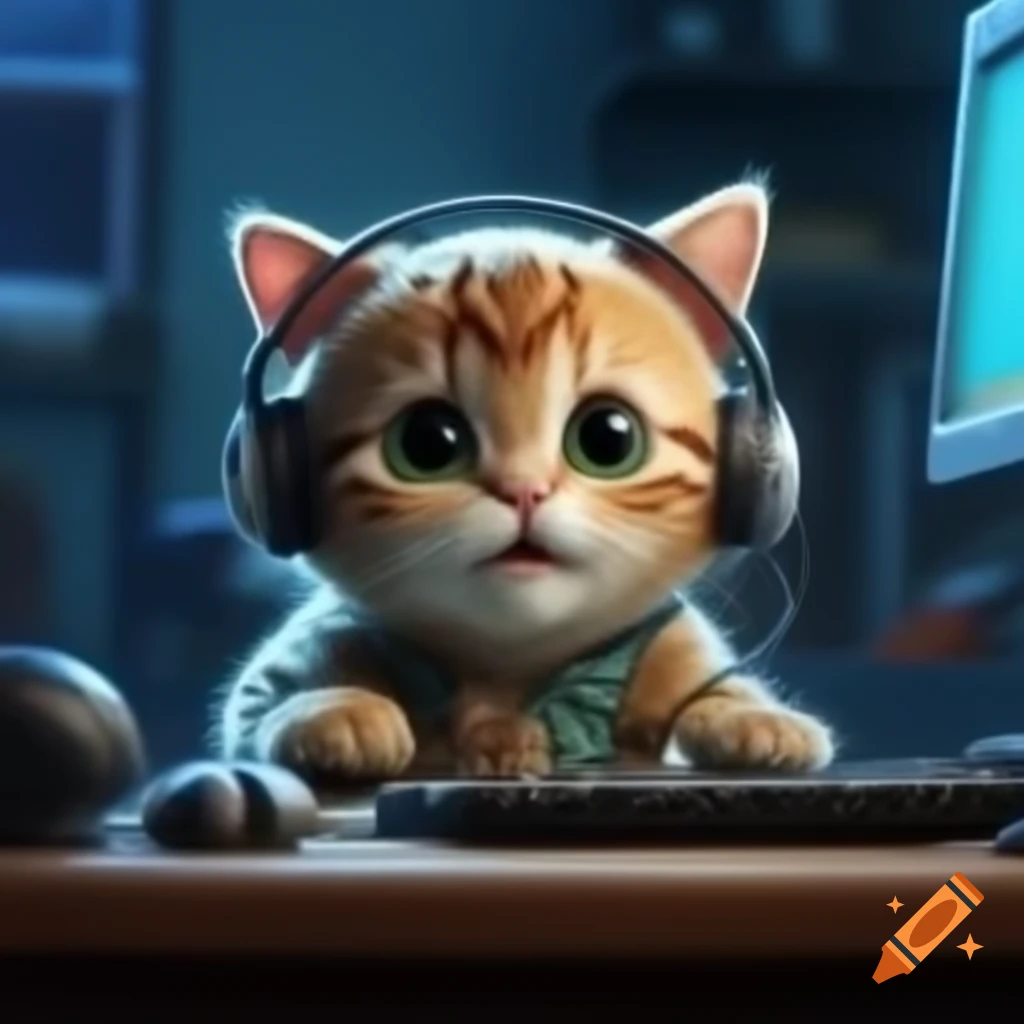 Cute cat playing on computer on Craiyon